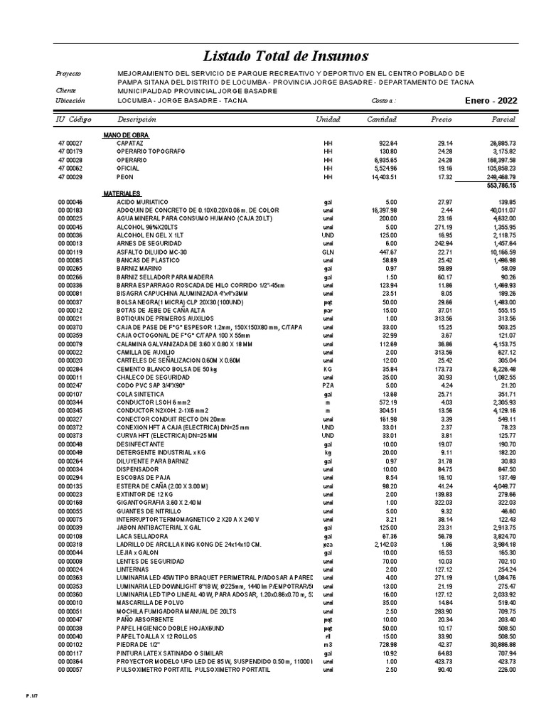 Listado de Insumos Corregido | PDF | Materiales | Materiales de construcción