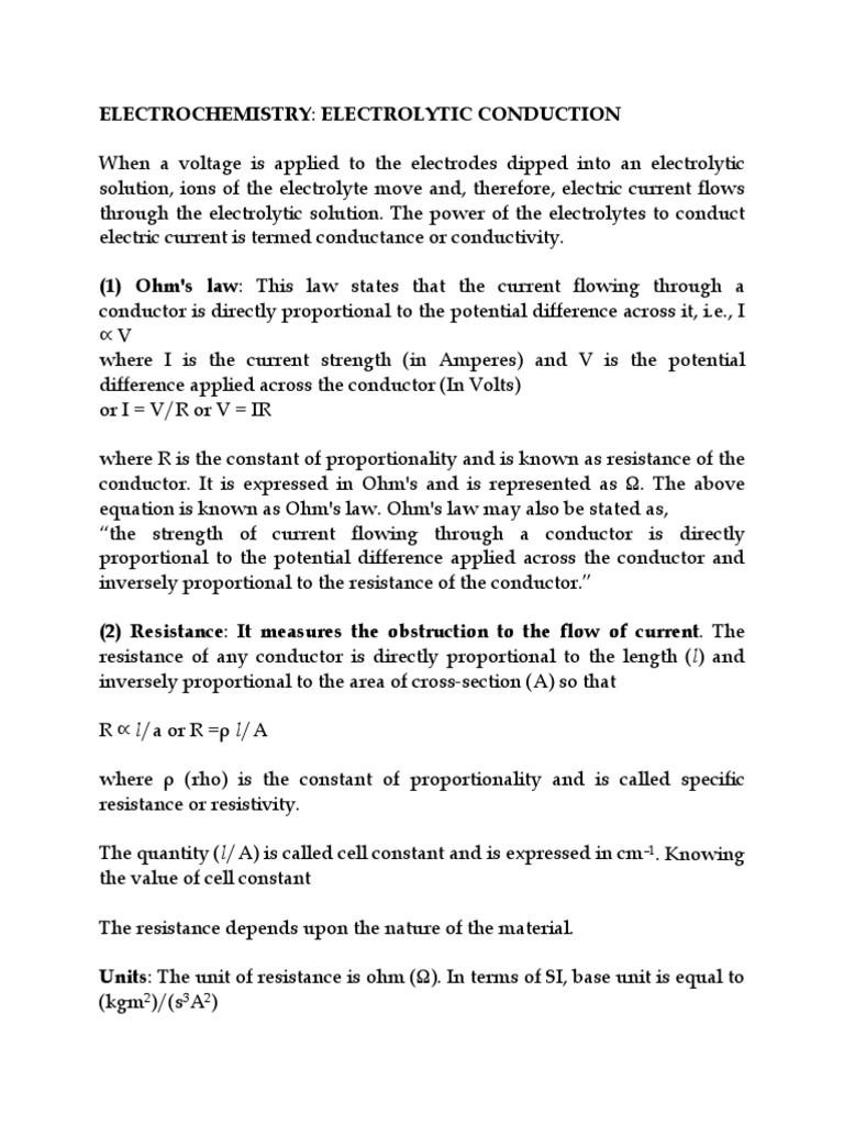 UNIT 3 - ELECTROLYTIC CONDUCTION DEFINITIONS Class Notes | PDF | Mole ...