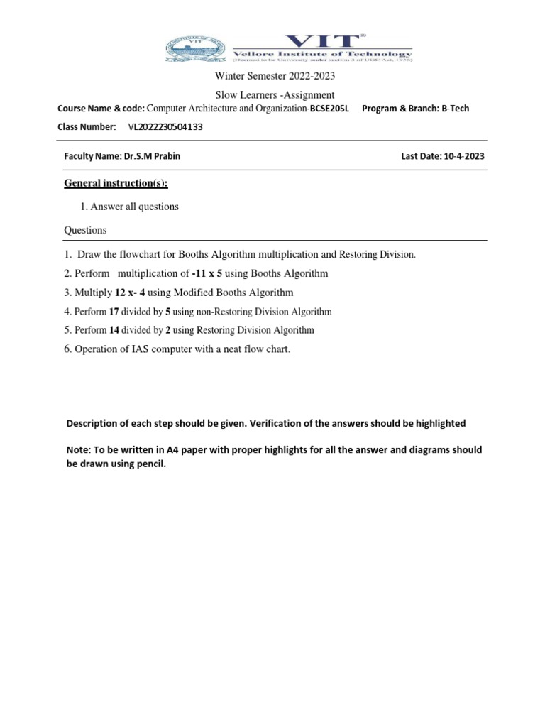 CAO-Slow Learners Assignment-1 | PDF