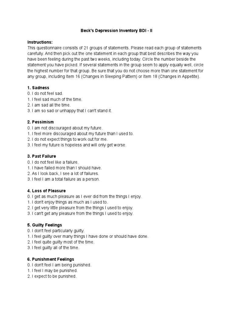 Becks Depression Inventory BDI II | Download Free PDF | Cognitive ...