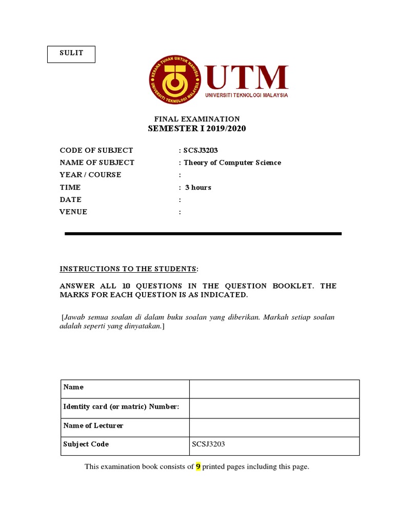 Scsj3203 Theory Of Computer Science Final Examination Semester I 2019 2020 Pdf Models Of