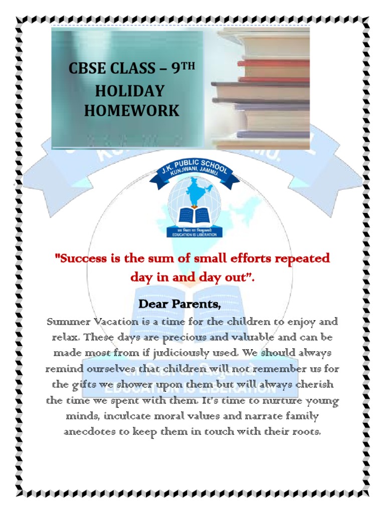 Cbse Class - 9 Holiday Homework: "Success Is The Sum of Small Efforts Repeated Day in and Day ...