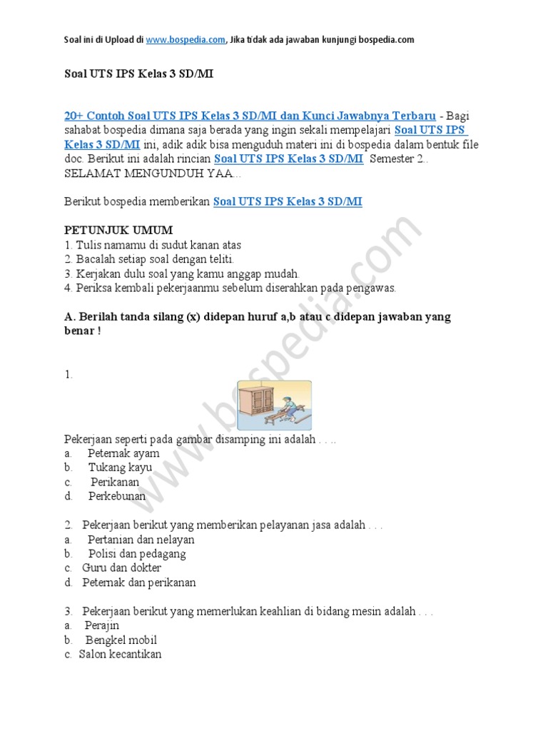 20+ Contoh Soal UTS IPS Kelas 3 SD MI Dan Kunci Jawabnya | PDF