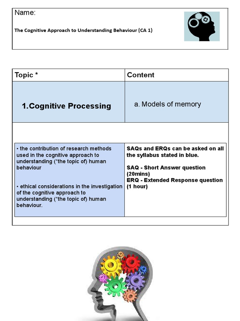 Cognitive Approach Booklet 1 CA1 | Download Free PDF | Working Memory | Memory