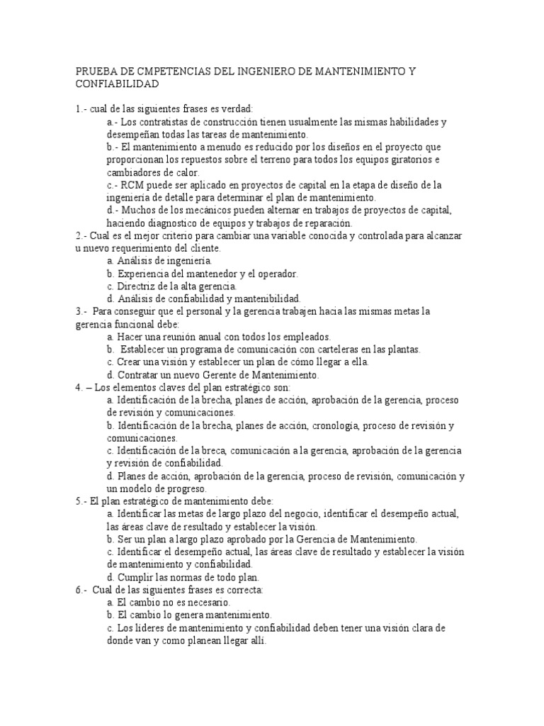 PRUEBA DE COMPETENCIAS DEL INGENIERO DE MANTENIMIENTO Y CONFIABILIDAD | PDF | Ingeniería de ...