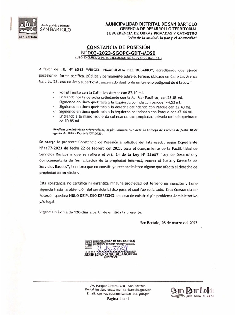 Ie 6013 Virgen Inmaculada Del Rosario-Constancia de Posesion | PDF