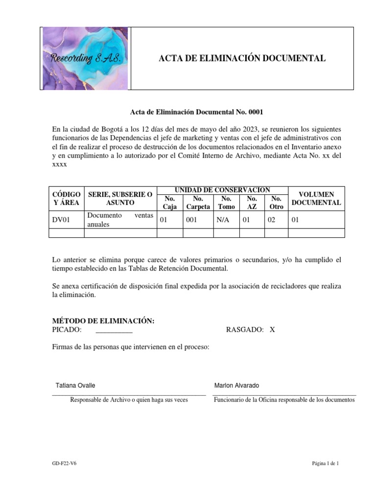 Acta Eliminación de Documentos | PDF Acta Eliminación de Documentos | PDF