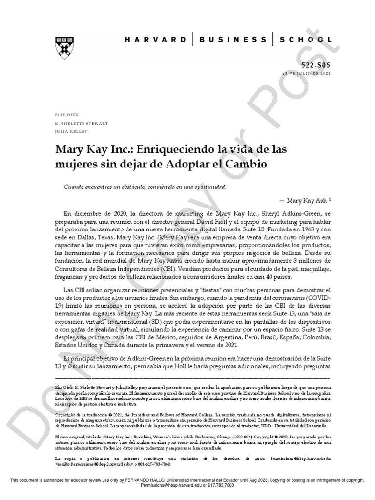 Caso Harvard Mary Kay Inc Enriching Womens Lives While Embracing Change ...