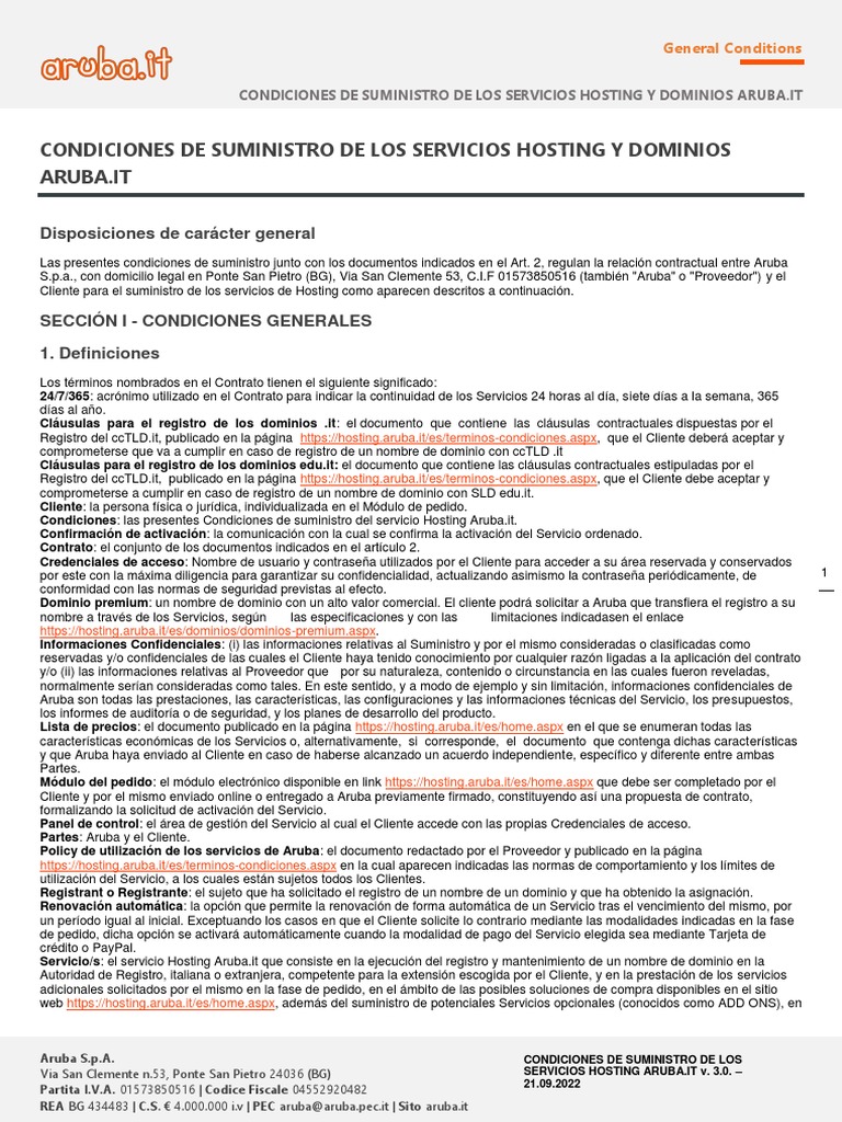 Condiciones de Suministro de Los Servicios Hosting Y Dominios Aruba - It | PDF | Daños y ...