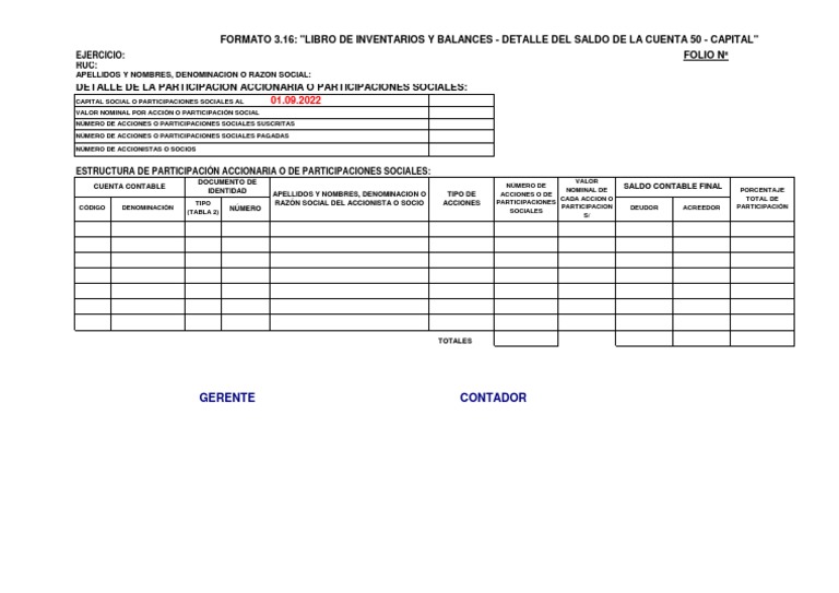 Folio #Formato 3.16: "Libro de Inventarios Y Balances - Detalle Del Saldo de La Cuenta 50 ...