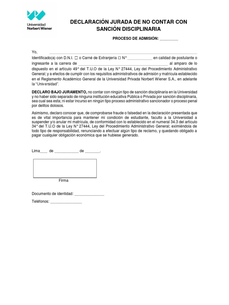 ANEXO 2 DECLARACIÓN JURADA DE NO CONTAR CON SANCIÓN DISCIPLINARIA | PDF