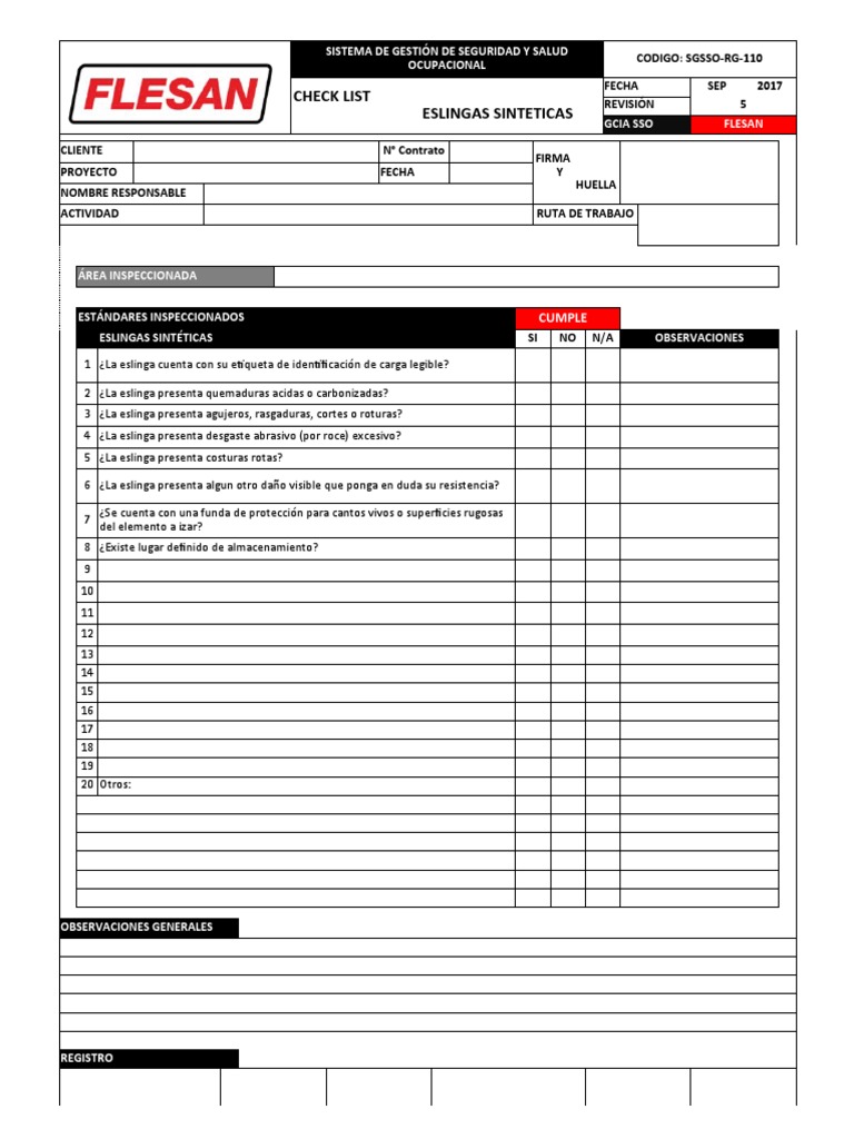 FL Sgsso RG 110 Check List Eslingas Sinteticas | PDF