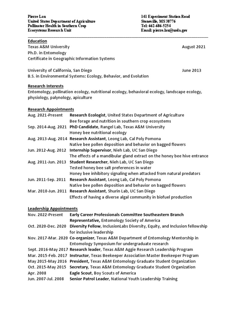 Pierre Lau CV May 2023 | PDF | Honey Bee | Bees