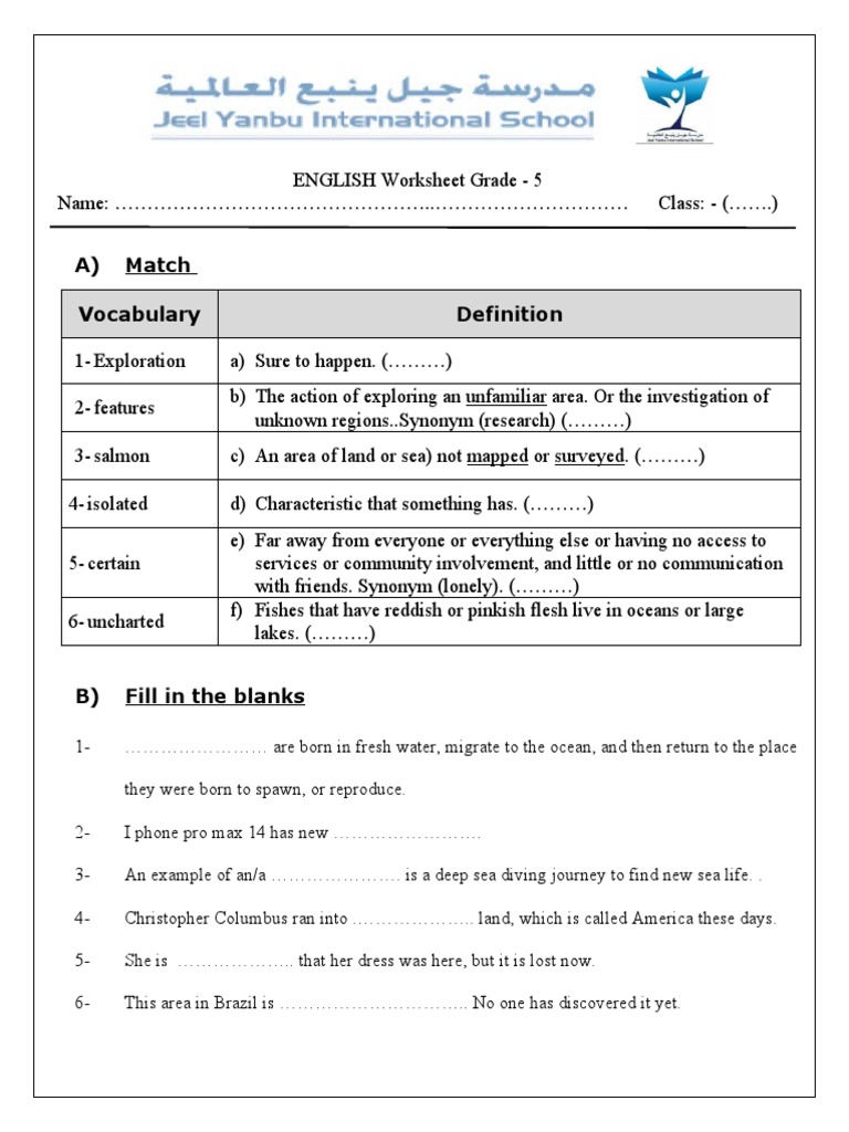 Grade 5 English Vocabulary Worksheet | PDF