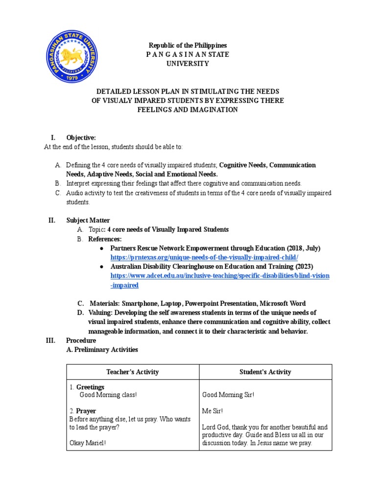 Lesson Plan Alvin Elliot | PDF | Communication | Visual Impairment