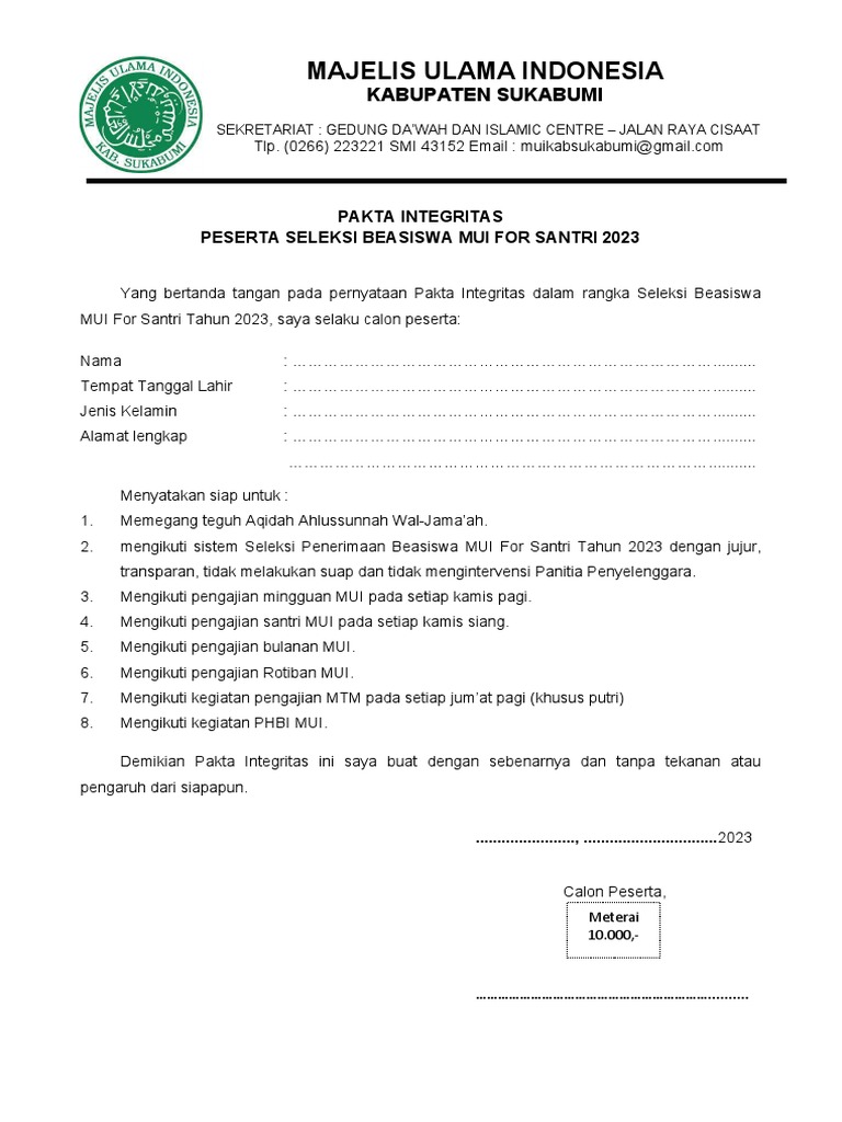pakta-integritas-BEASISWA MUI-2023 | PDF