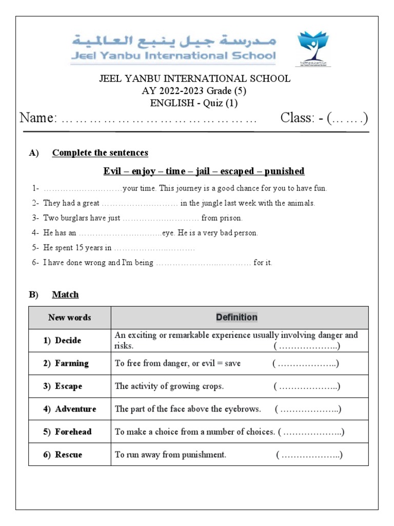 English Quiz Grade (5) December | PDF | Photograph