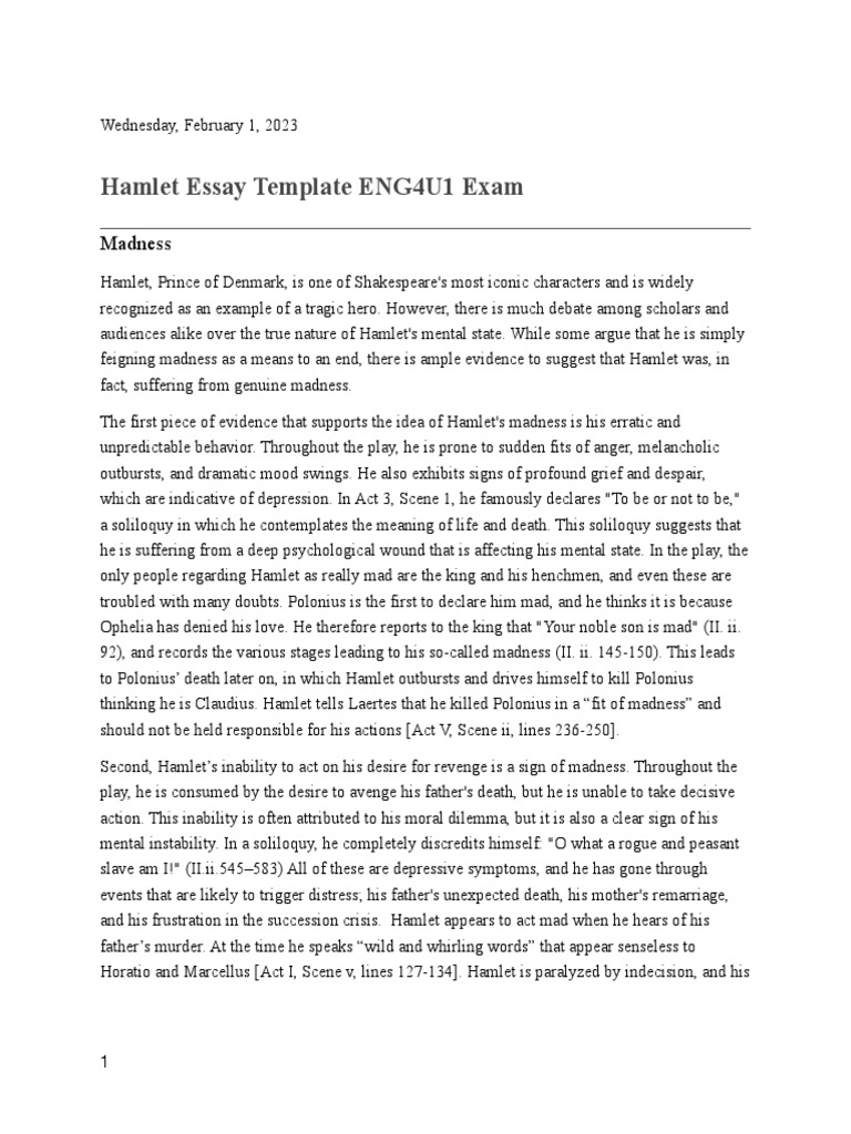 Hamlet Essay Template ENG4U1 Exam: Madness | PDF | Hamlet | Psychology