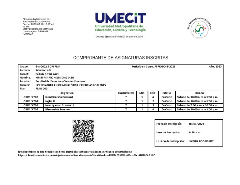 Kimberly Michelle Diaz Jaen Boleta de Matricula Periodo B | PDF