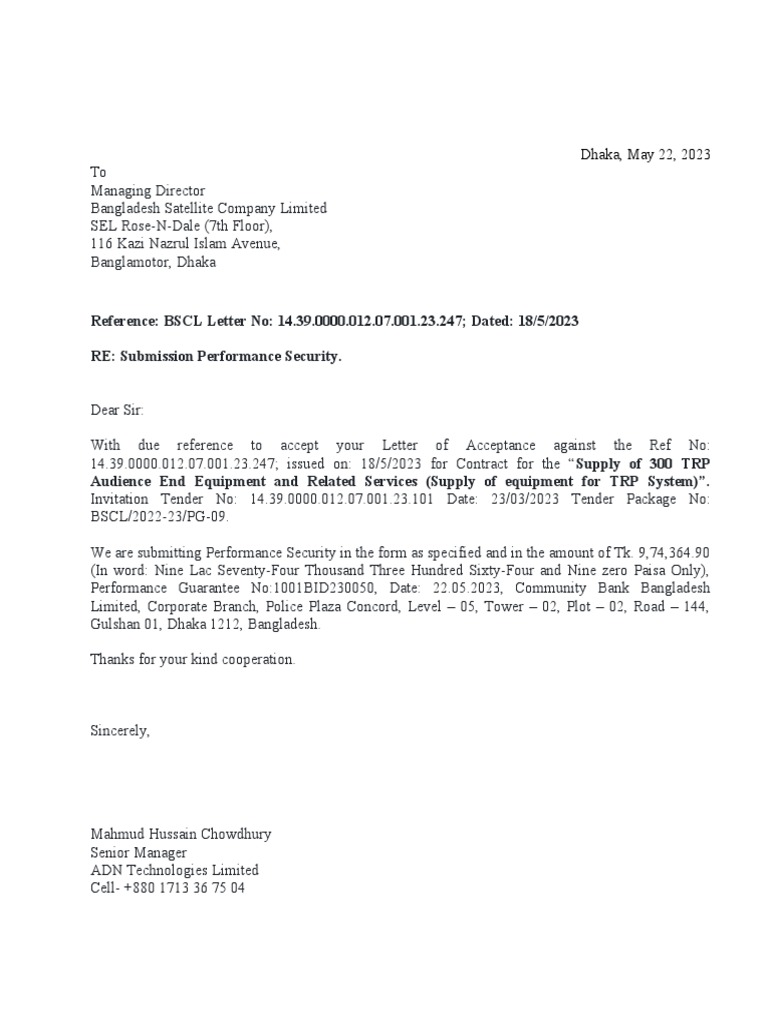 Performance Security Submission Letter | PDF