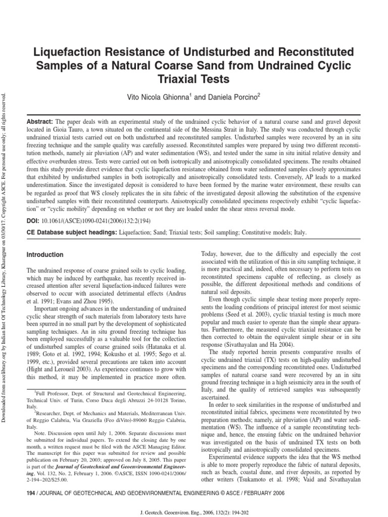 Liquefaction Resistance of Undisturbed and Reconstituted Samples of A ...