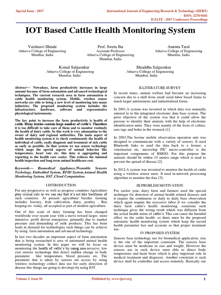 Iot Based Cattle Health Monitoring System Ijertconv5is01041 Pdf Sensor Internet Of Things 