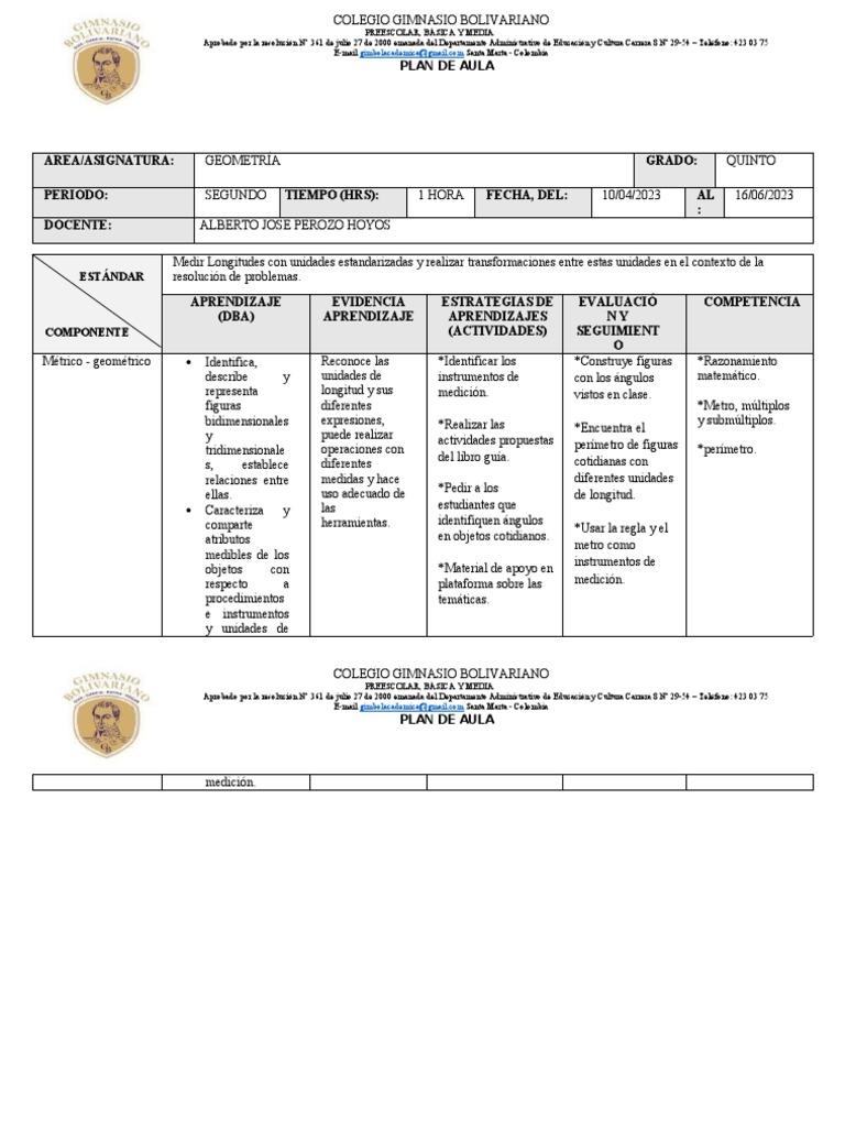 PLAN DE AULA Geometría - 2do Periodo - 2023 GRADO QUINTO - Alberto Jose Perozo Hoyos | PDF