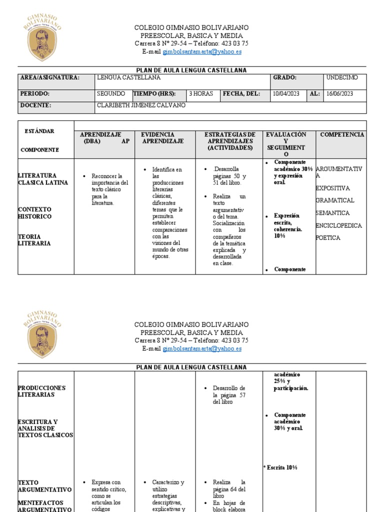 PLAN DE AULA - Lengua Castellana - 2do Periodo 2023 GRADO UNDECIMO - Claribeth Jimenez ...