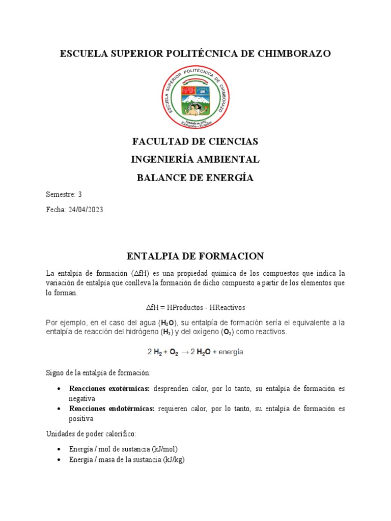 Entalpia De Formacion Pdf