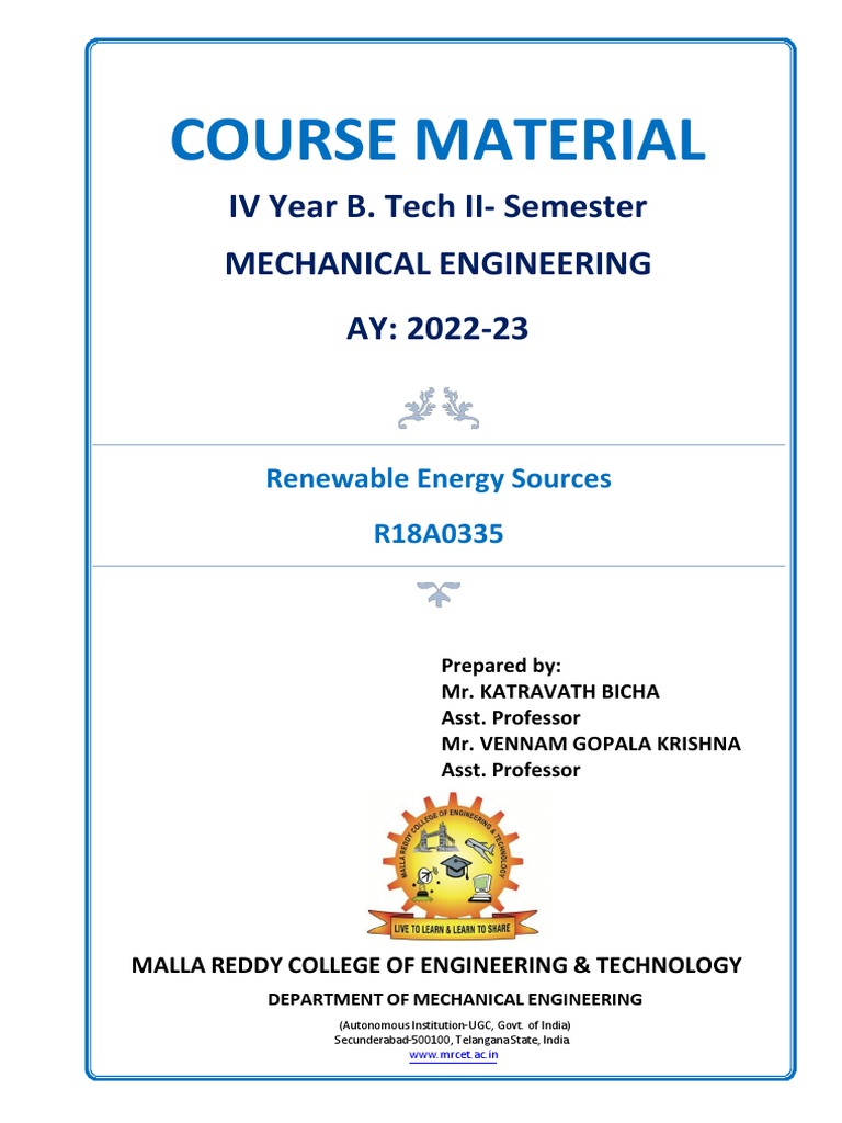 Renewable Energy Sources Course Material | PDF | Solar Energy | Sun