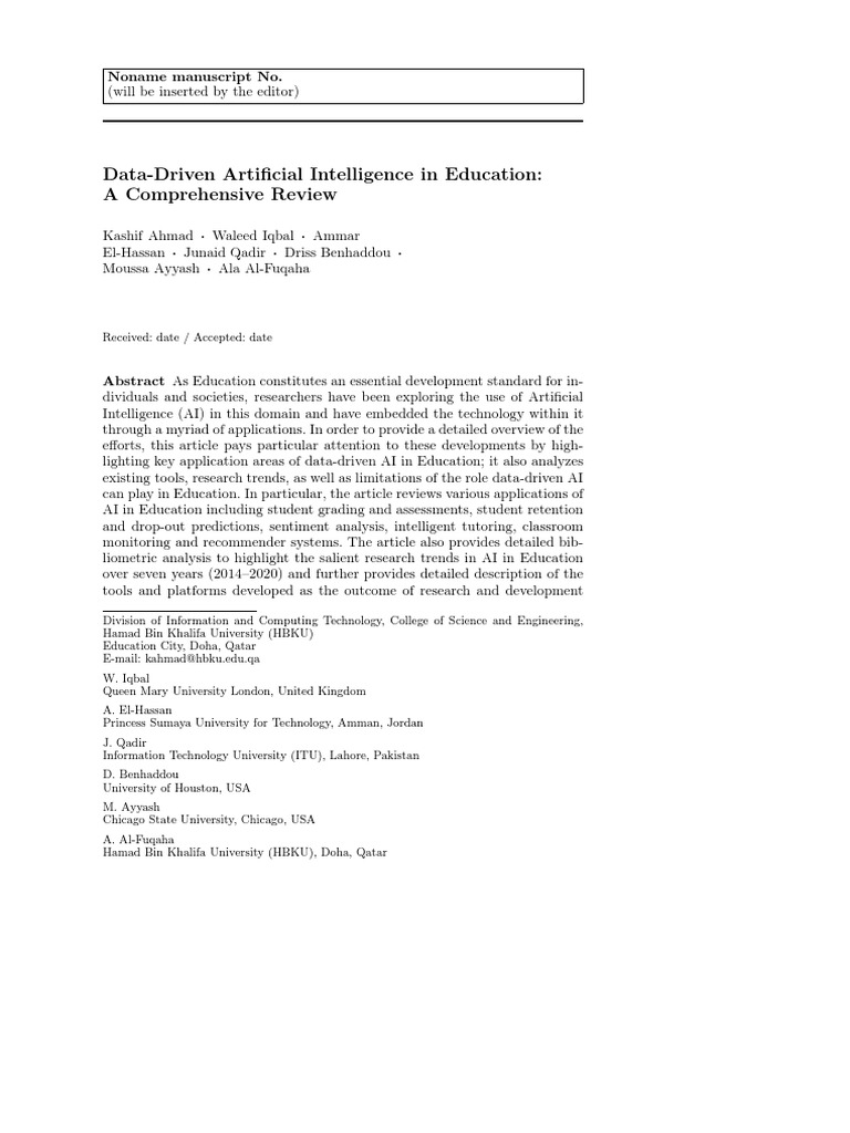 Data-Driven AI Applications in Education | PDF | Intelligence (AI) & Semantics | Artificial ...