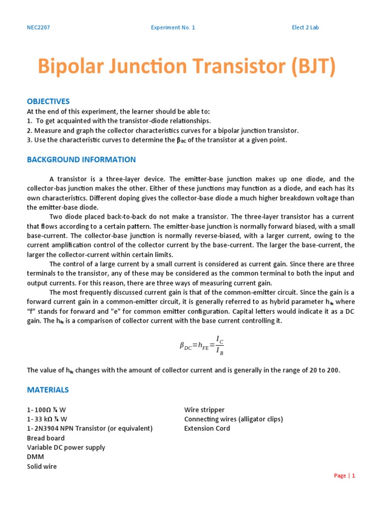 Experiment No. 1 DC (BJTS) | PDF | Bipolar Junction Transistor | Electronic Circuits