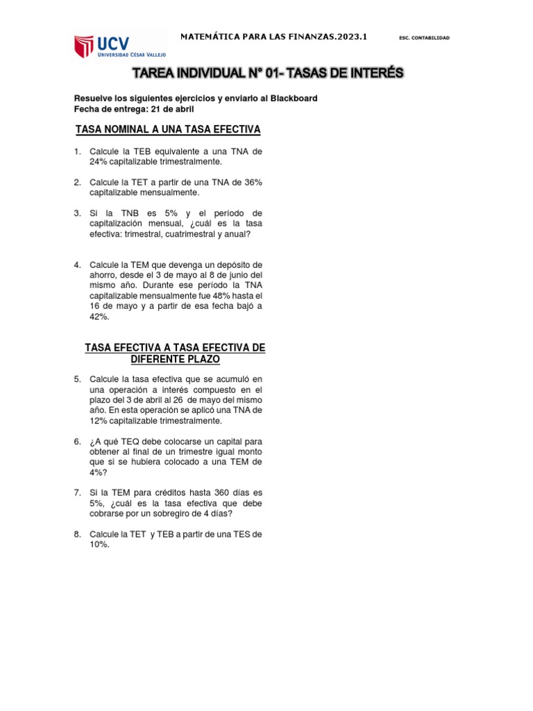 TAREA Individual DE EQUIVALENCIAS DE TASAS | PDF