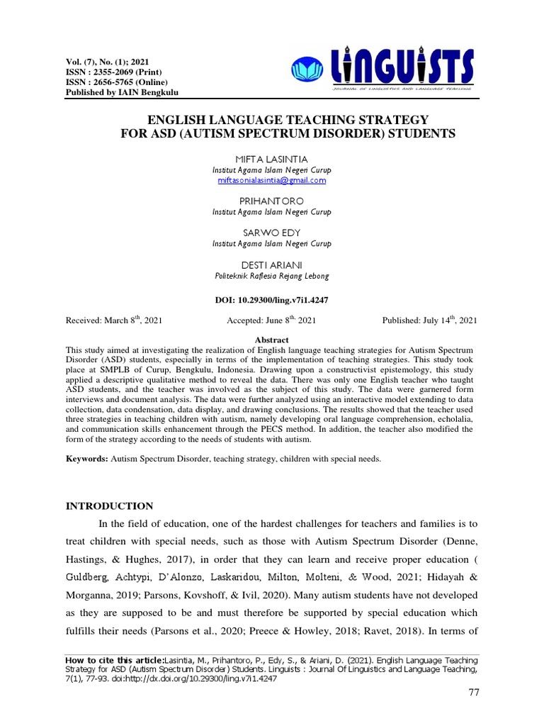English Language Teaching Strategy For ASD Autism | PDF | Self ...