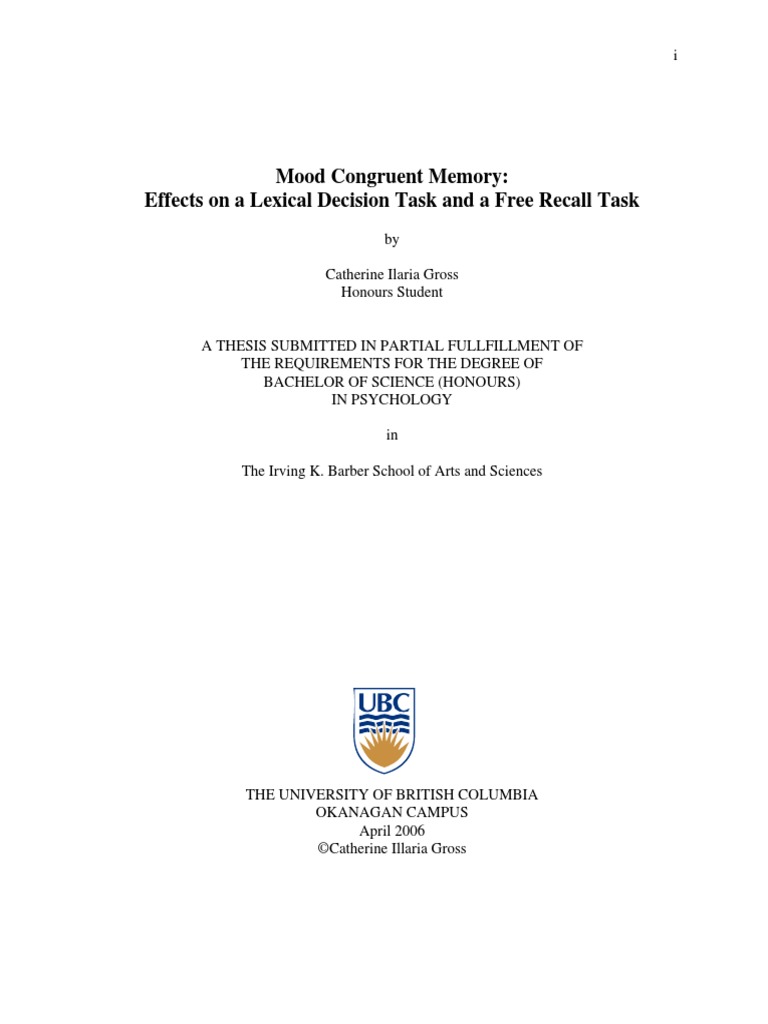 Mood Congruent Memory: Effects On A Lexical Decision Task and A Free ...