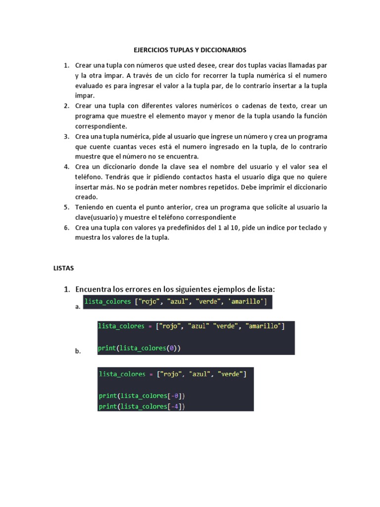 Ejercicios Listas, Tuplas y Diccionarios | PDF
