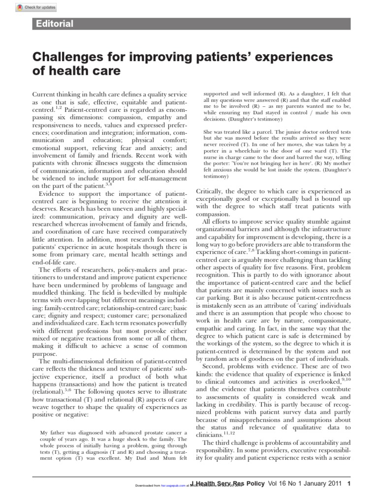 Challenges For Improving Patients Experience of Healthcare | PDF ...