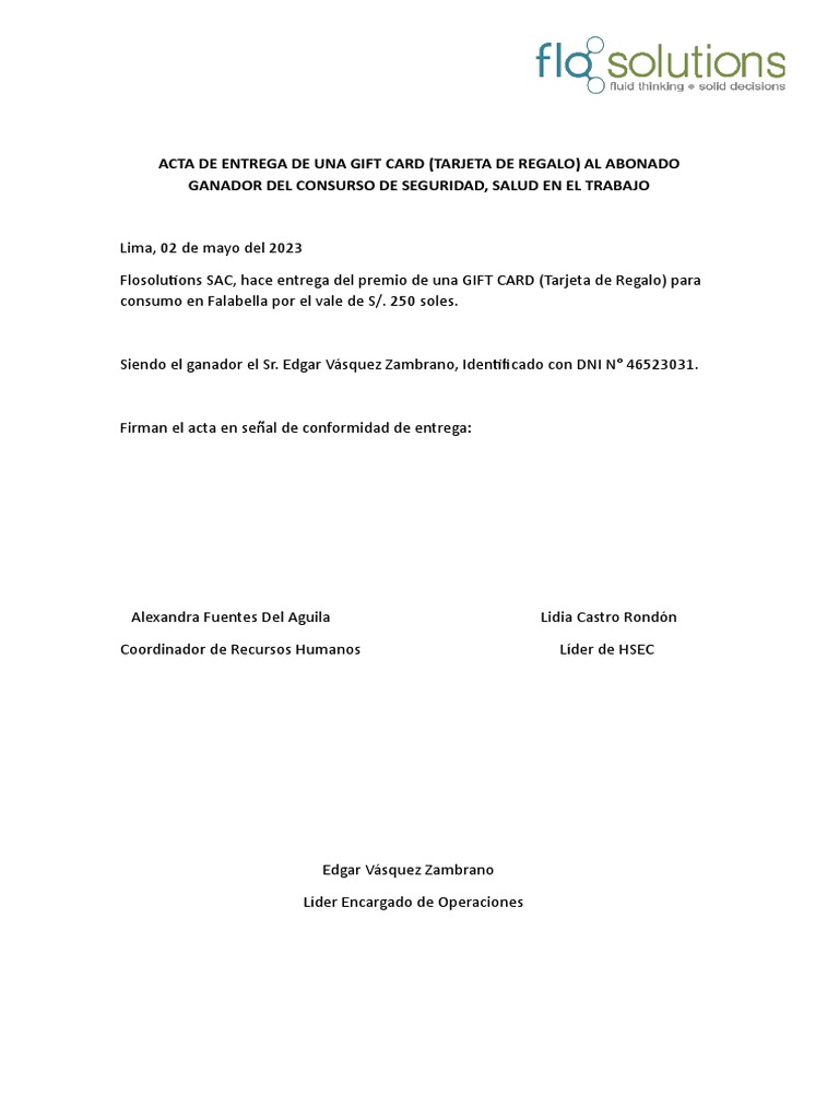 Acta de Entrega de Una Gift Card | PDF