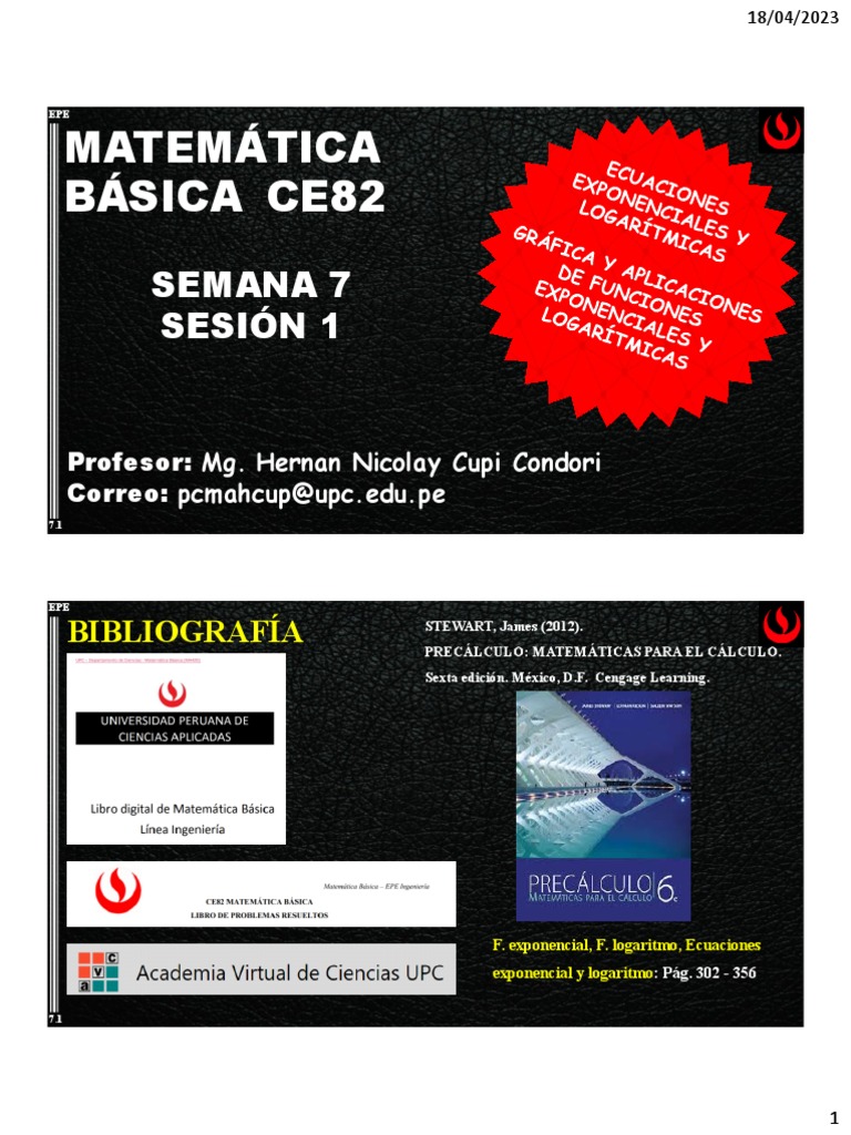CE82 2023 1A SEM7 SESION 7.1 ECUACIONES EXPONENCIALES Y LOGARITMICAS APLICACIONES - Anotaciones ...