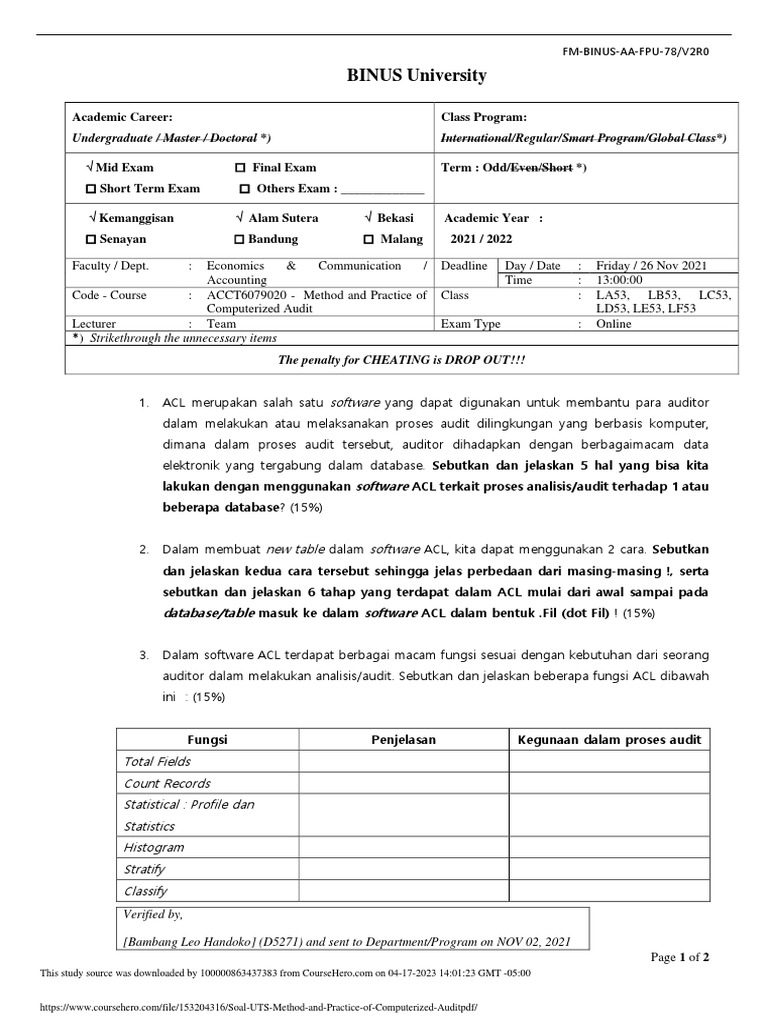 Soal UTS Method and Practice of Computerized Audit PDF | PDF | Bisnis | Teknologi & Rekayasa
