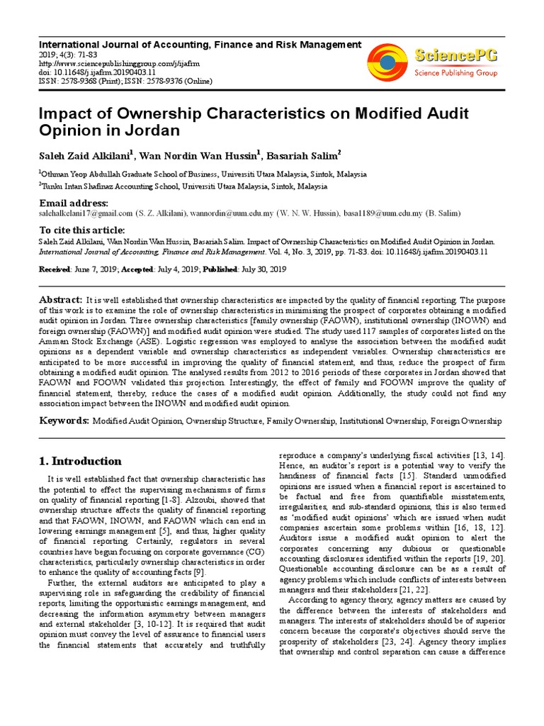 Impact of Ownership Characteristics On Modified Audit Opinion in Jordan ...