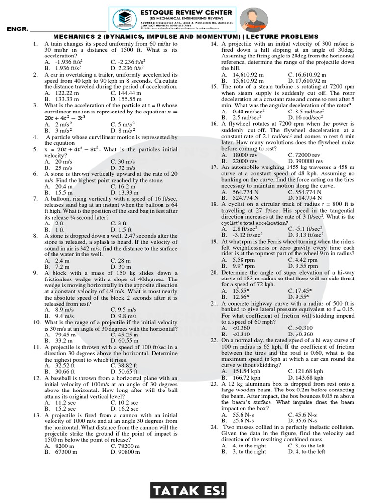 Day 20 - Mechanics 2 (Dynamics, Impulse and Momentum) L Lecture Problems | Download Free PDF ...