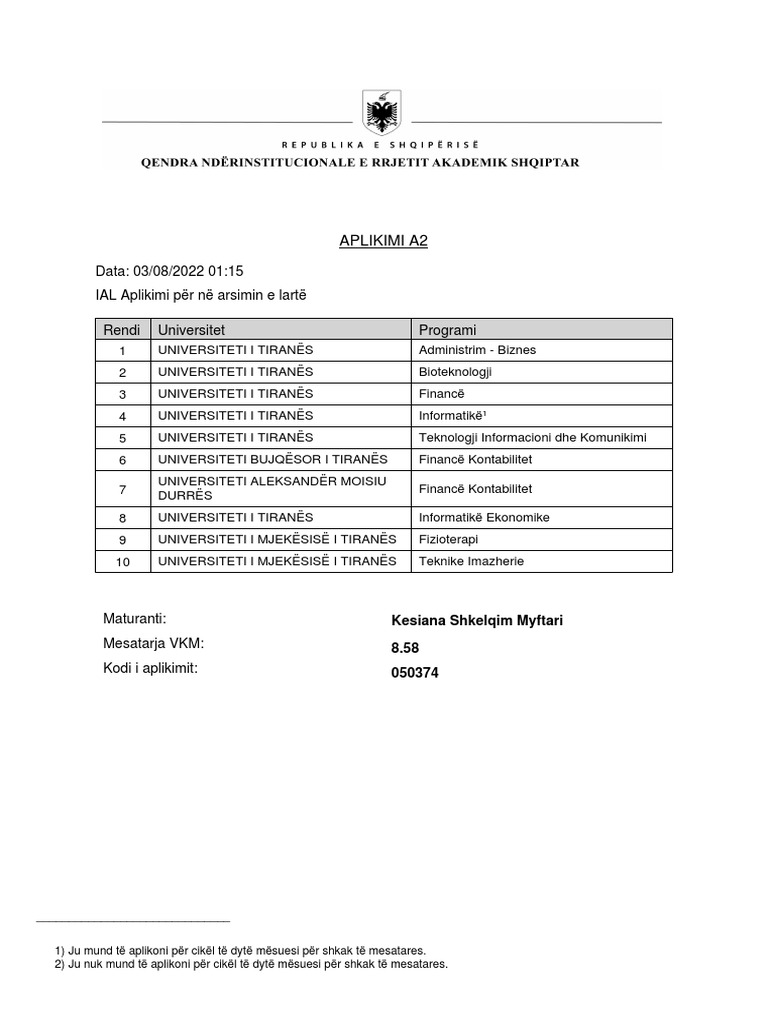 Aplikimi Kesiana Myftari | PDF