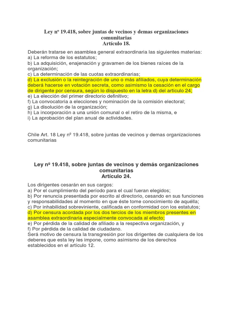 Ley Nº 19418 Sobre Juntas de Vecinos y Demas Organizaciones | PDF | Responsabilidad | Justicia
