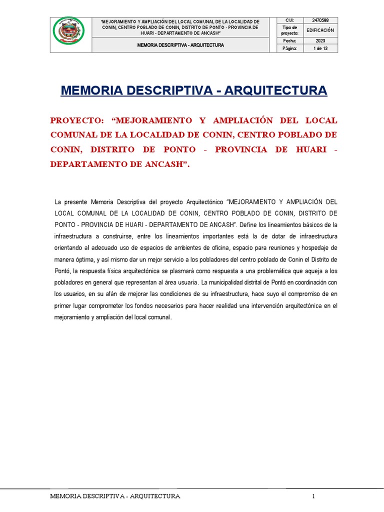 C. MEMORIA DESCRIPTIVA ARQUITECTURA | PDF | edificio | Diseño arquitectonico