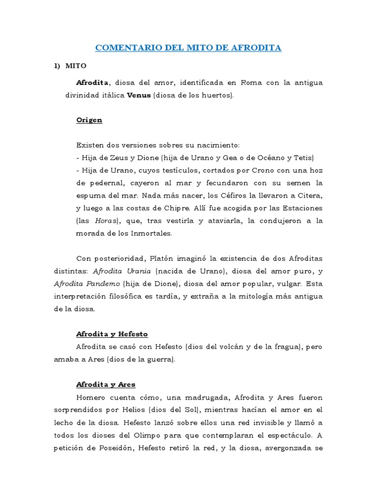 Comentario Del Mito de Afrodita | PDF | Afrodita | Doce olímpicos