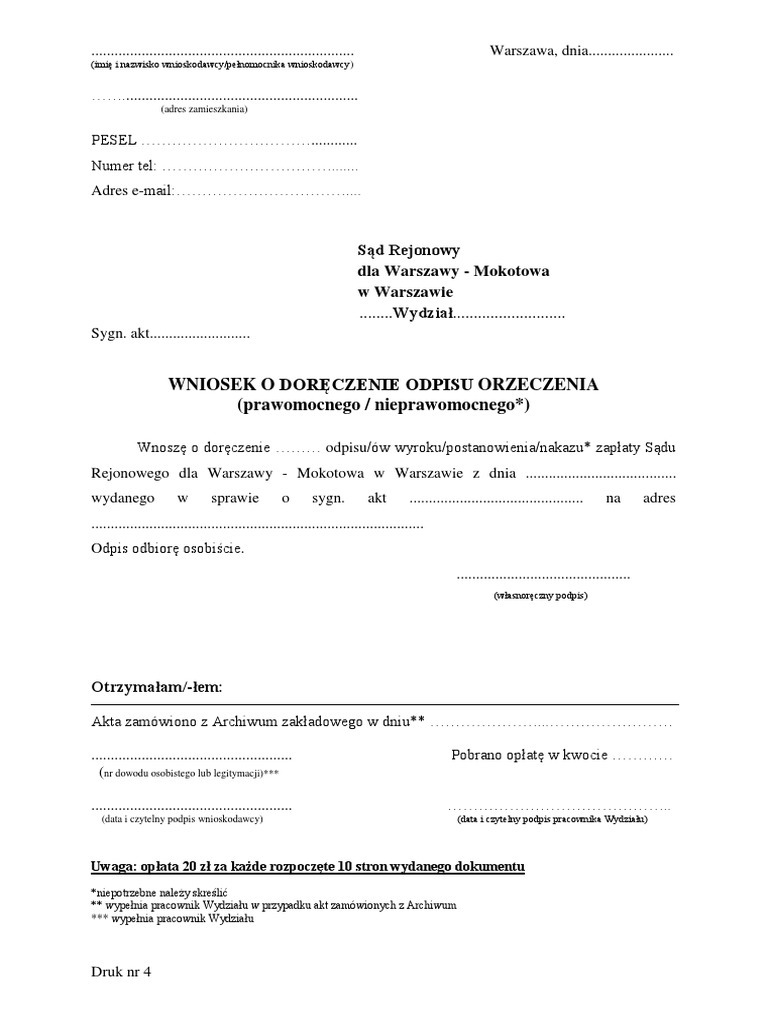 Druk NR 4 - Wniosek o Doreczenie Odpisu Orzeczenia 2 | PDF