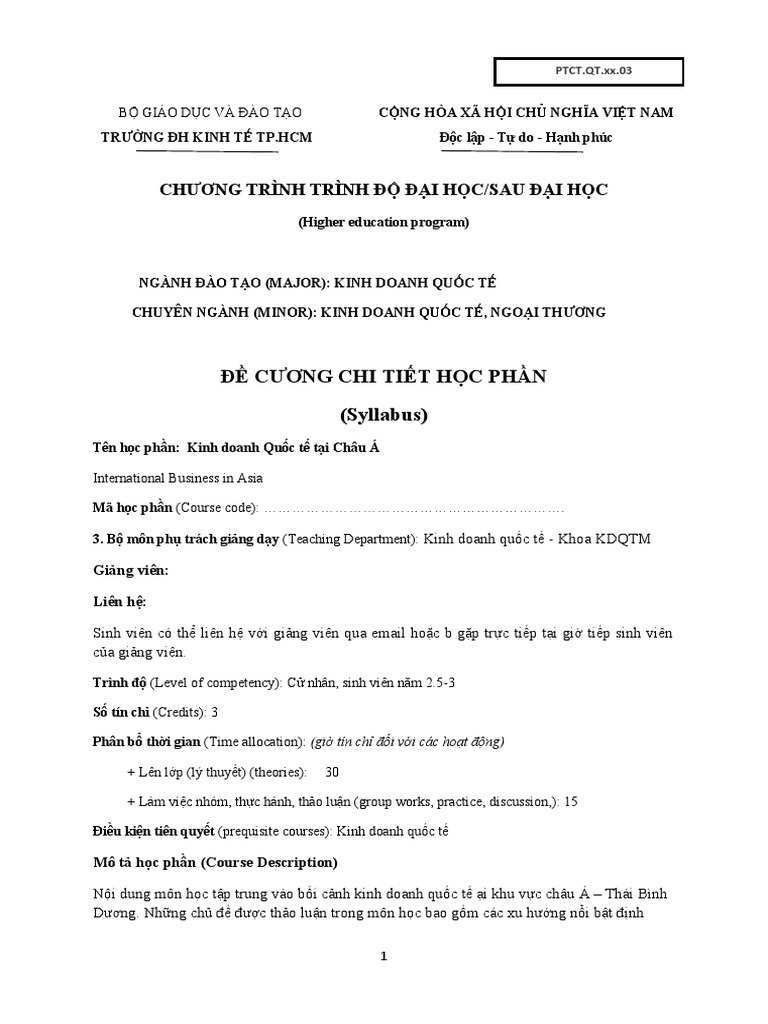 Syllabus - VIE Kinh Doanh Quốc Tế Tại Châu Á (9 Buoi Hoc) | PDF