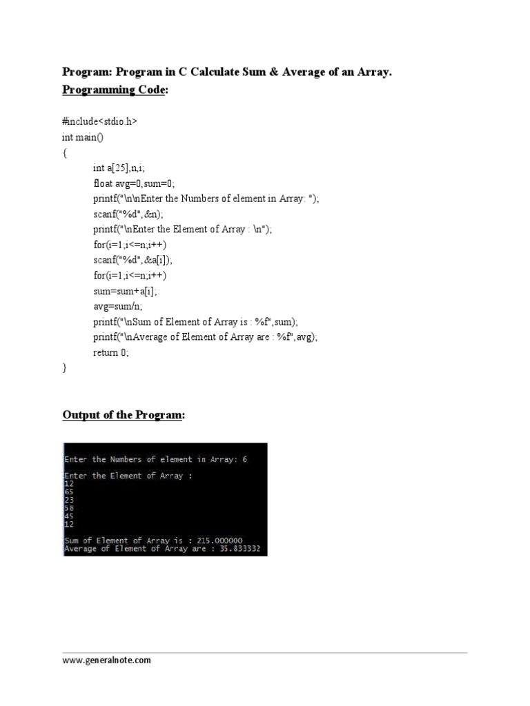 Program In C Calculate Sum And Average Of An Array Pdf 2808