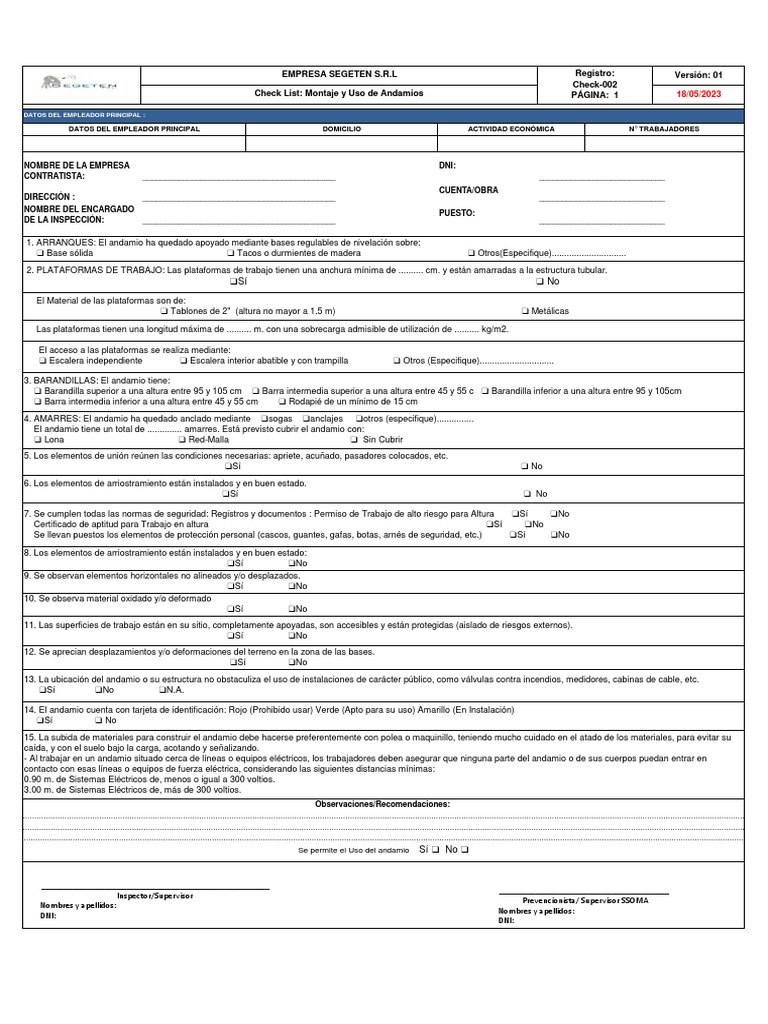 Checklist Seguridad en Andamios | PDF | Andamio